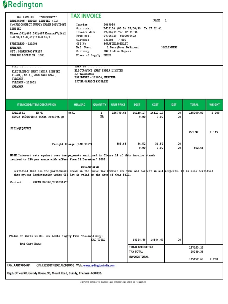 Computer Generated Invoice and Requires No Stamp or Signature | PDF