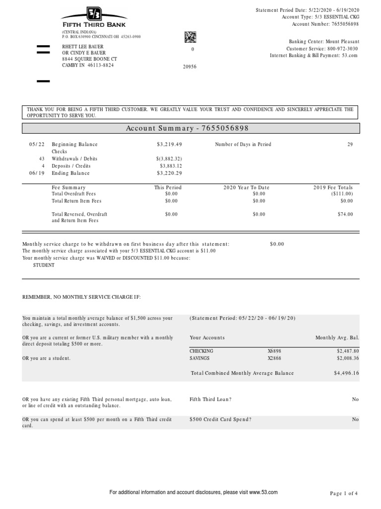 Fifth Third Bank 2020 | PDF | Transaction Account | Fee