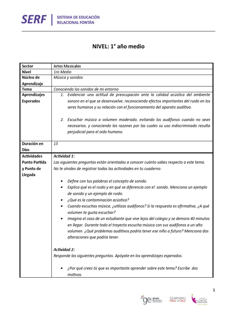 1ro M. Temas T1.1 Conociendo Los Sonidos de Mi Entorno 2018 | PDF ...