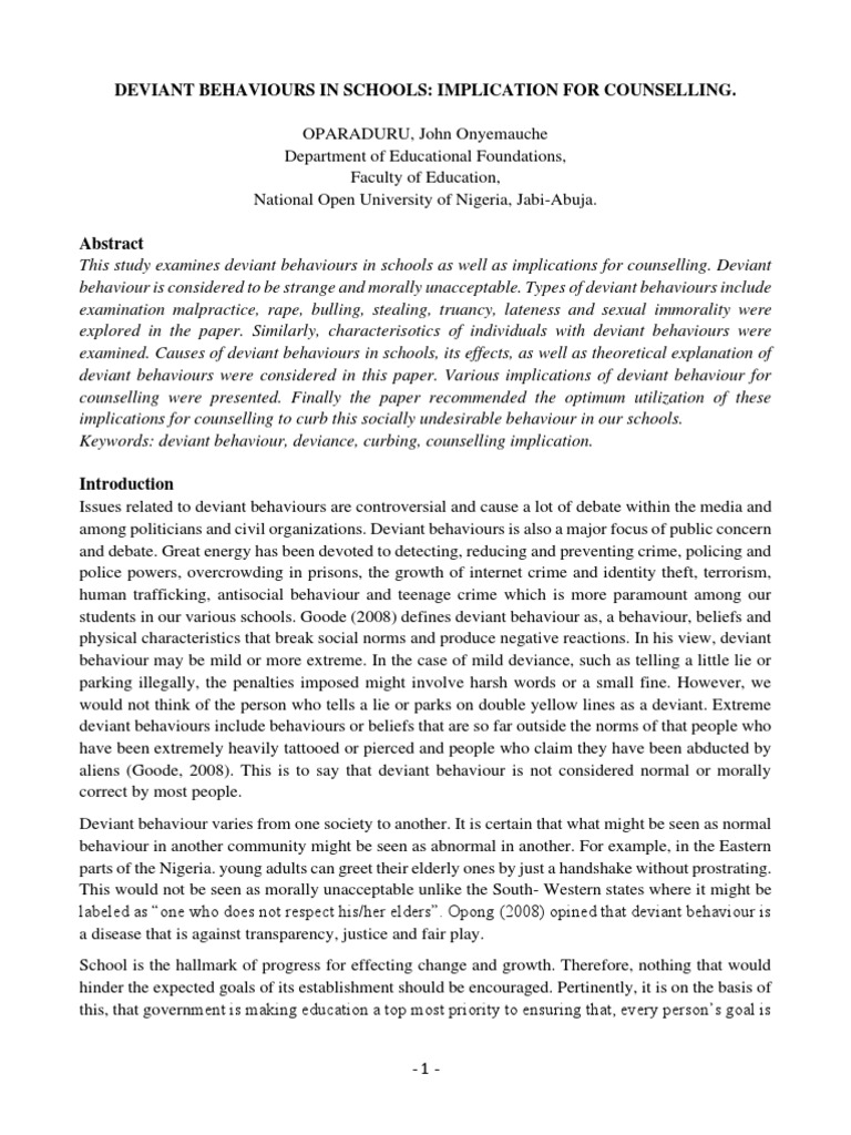Deviant Behaviors in Schools: A Study | PDF | Deviance (Sociology ...