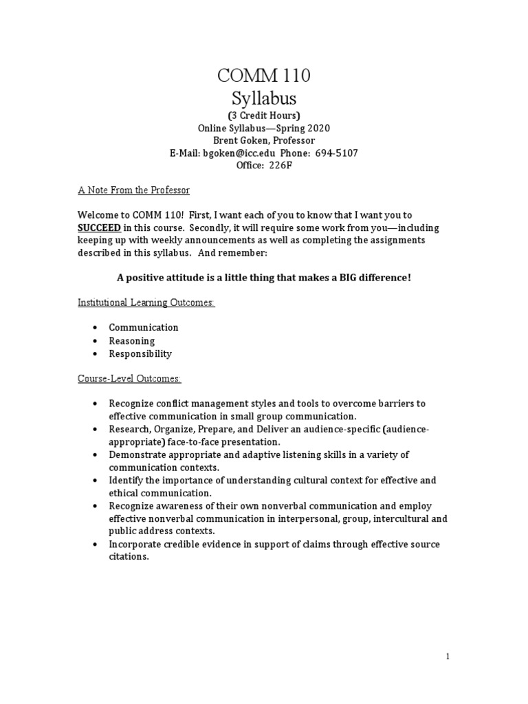 COMM 110 Goken Syllabus - Online Spring 2021 | PDF | Communication ...