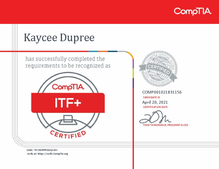 Comptia It Fundamentals Itf Certification Certificate | PDF