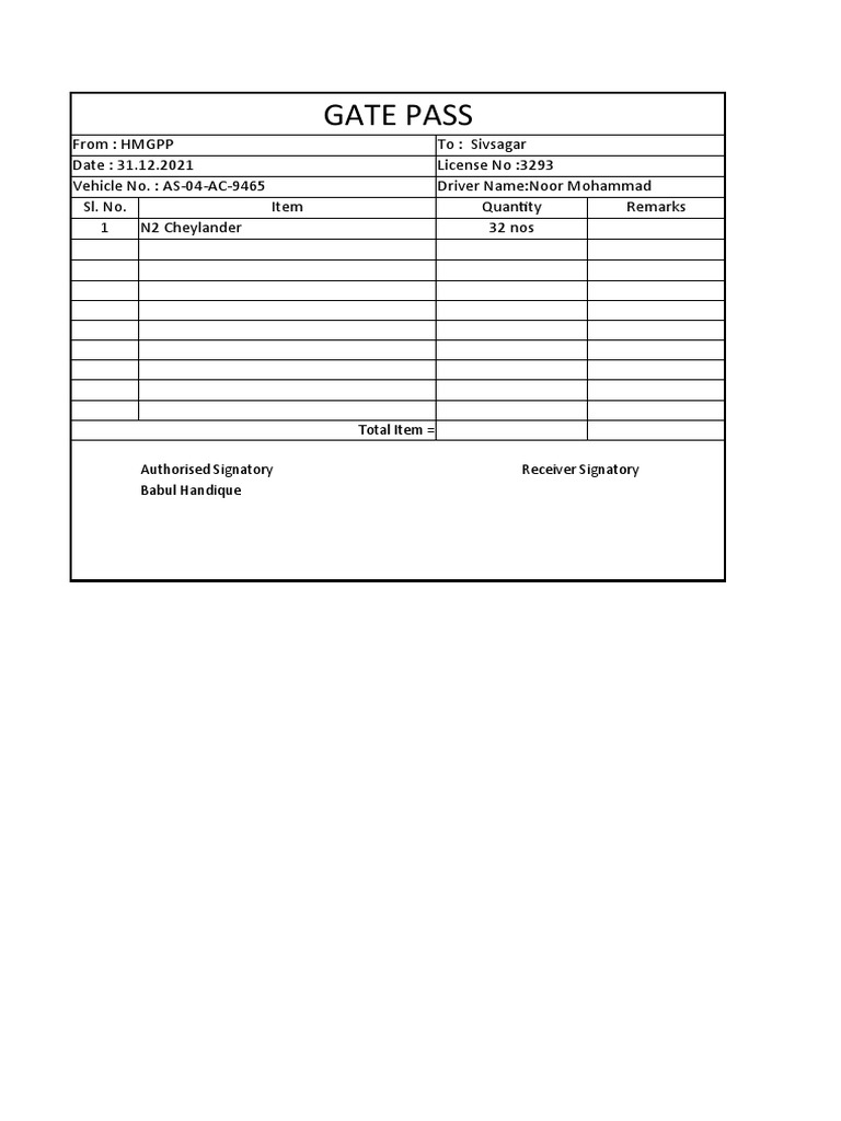 Vehicle Gate Pass Format | PDF