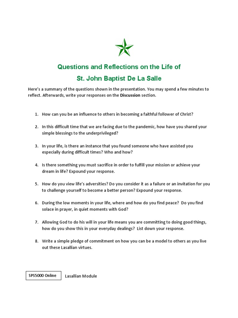 Lasallian Module - Summary of Reflection Questions | PDF