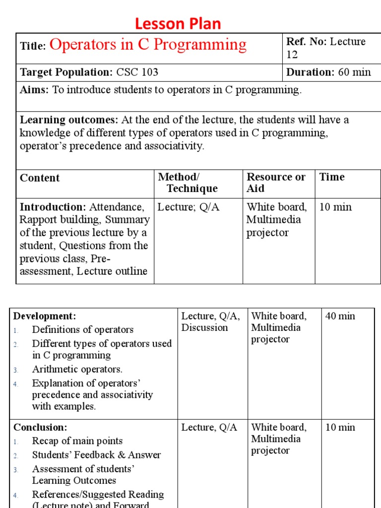 Lesson Plan: Operators in C Programming | Download Free PDF ... Lesson Plan: Operators in C Programming | Download Free PDF ...