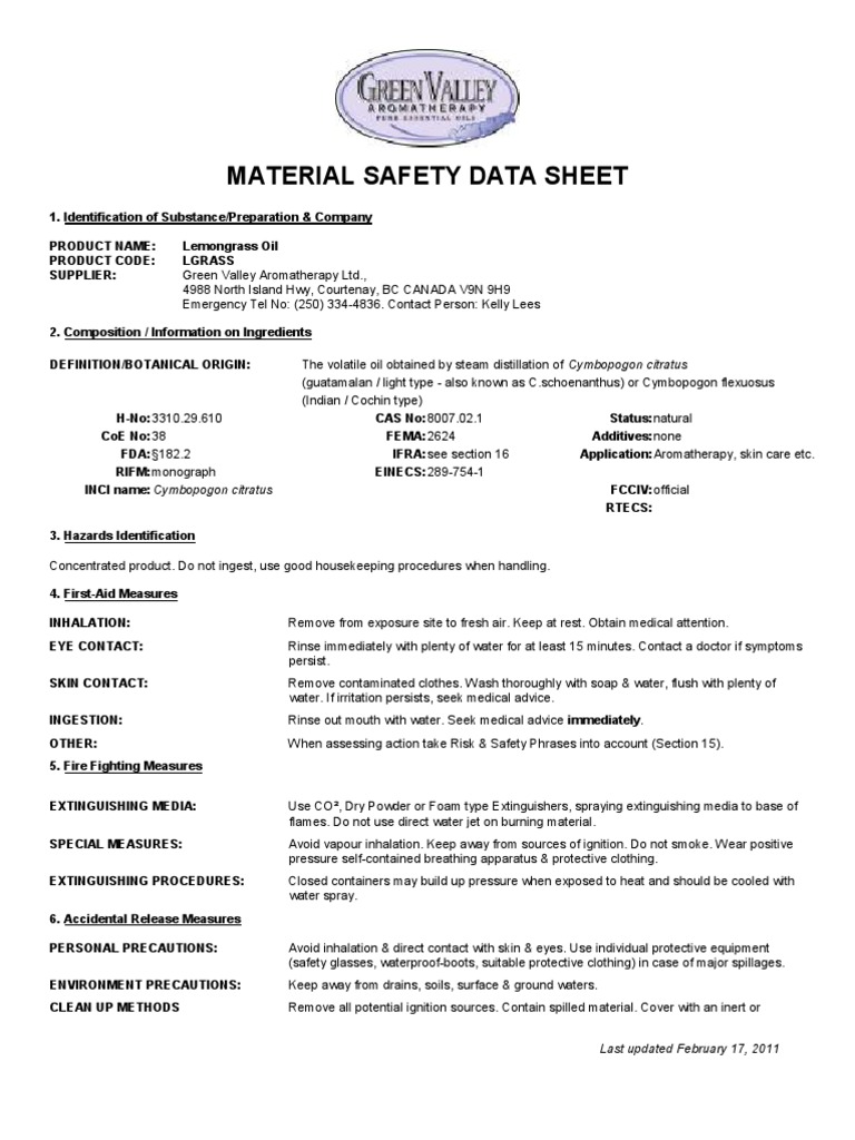 檸檬草精油MSDS | PDF | Personal Protective Equipment | Hygiene