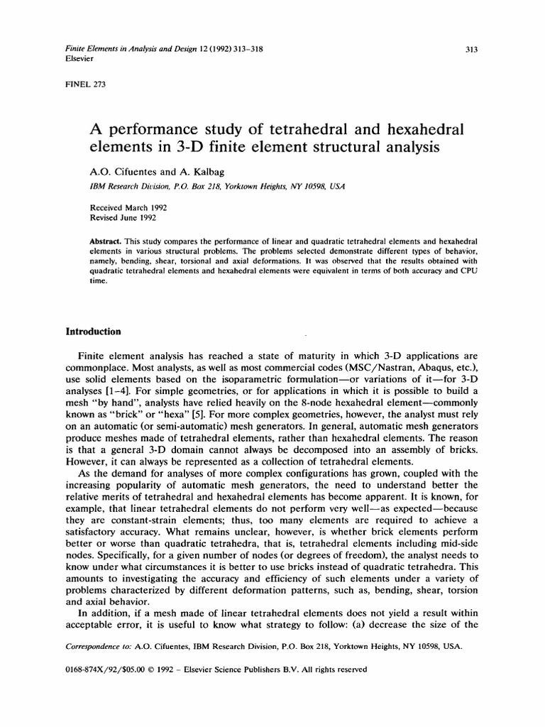 A Performance Study of Tetrahedral and Hexahedral Elements in 3-D Finite Element Structural ...