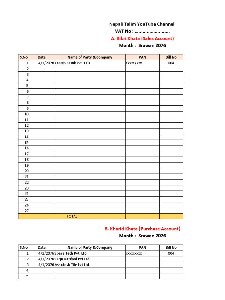 Kharid - Bikri Khata - Template - Nepali Talim | PDF | Banking ...