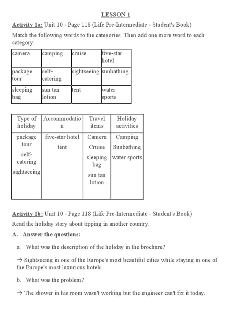 Lesson 1 Activity 1a: Unit 10 - Page 118 (Life Pre-Intermediate ...