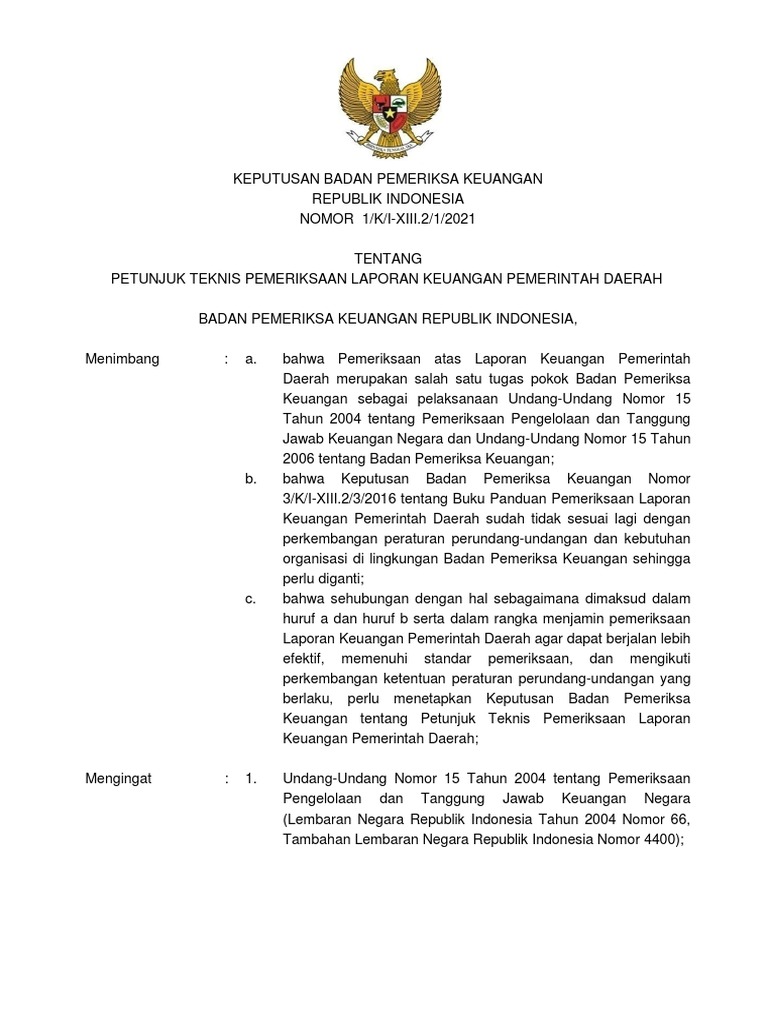 Salinan K-BPK 1-2021 - Juknis Pemeriksaan LKPD | PDF