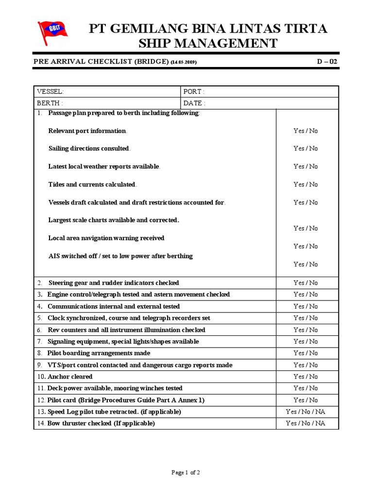 D - 02 Pre Arrival Checklist (Bridge) - 14.05.2009 New | PDF | Ships ...