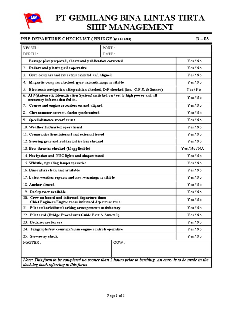 Pt Gemilang Bina Lintas Tirta Ship Management Pre Departure Checklist