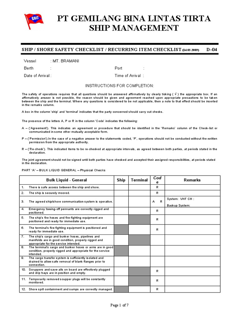 PT Gemilang Bina Lintas Tirta Ship Management: Ship / Shore Safety ...