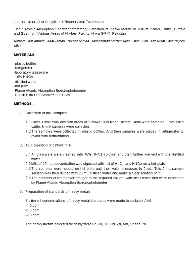 Journal Summary (Milk) | PDF | Atomic Absorption Spectroscopy | Iron