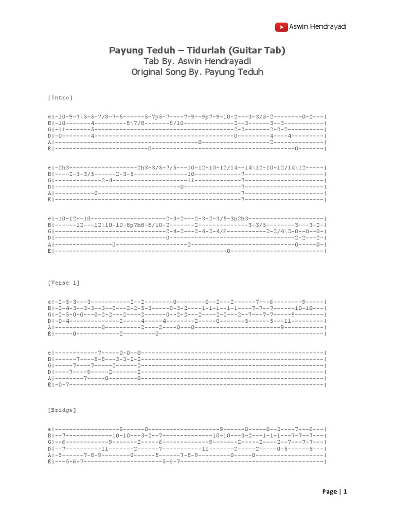 Payung Teduh Tidurlah Guitar Tab - Aswin Hendrayadi | PDF