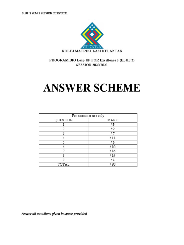 BLUE 2 SEM 1 SESSION 2020/2021 ANSWER SCHEME | PDF | Plasmid | Meiosis