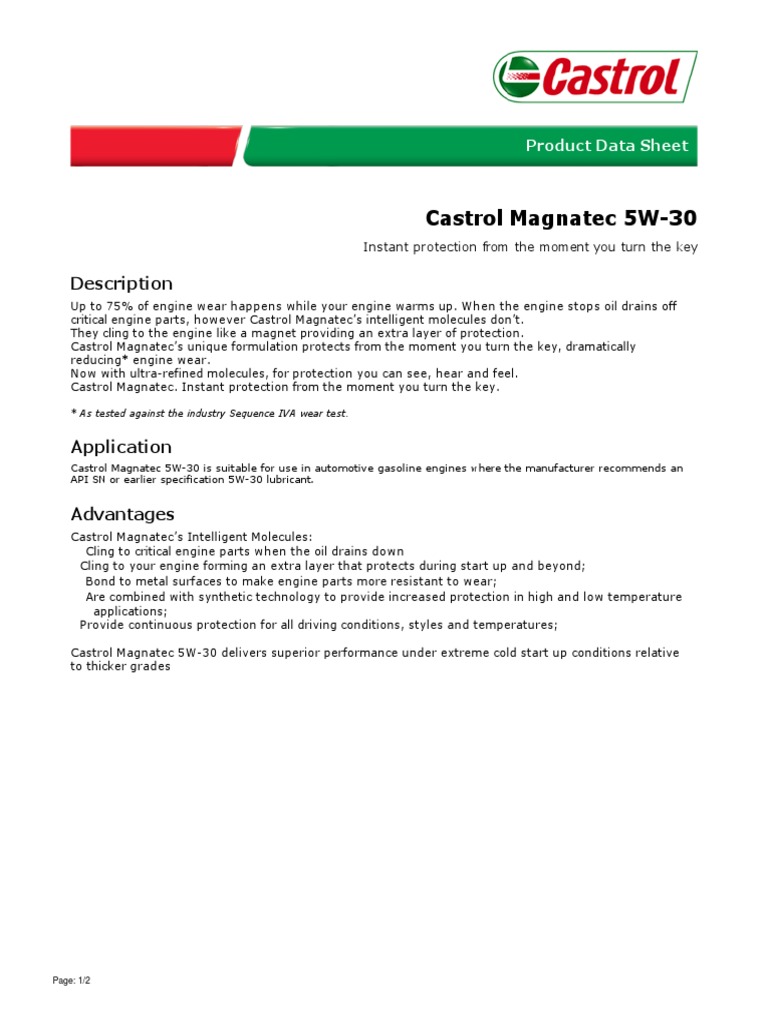 Castrol Magnatec 5W-30 Instant Protection Data Sheet | PDF | Motor Oil ...