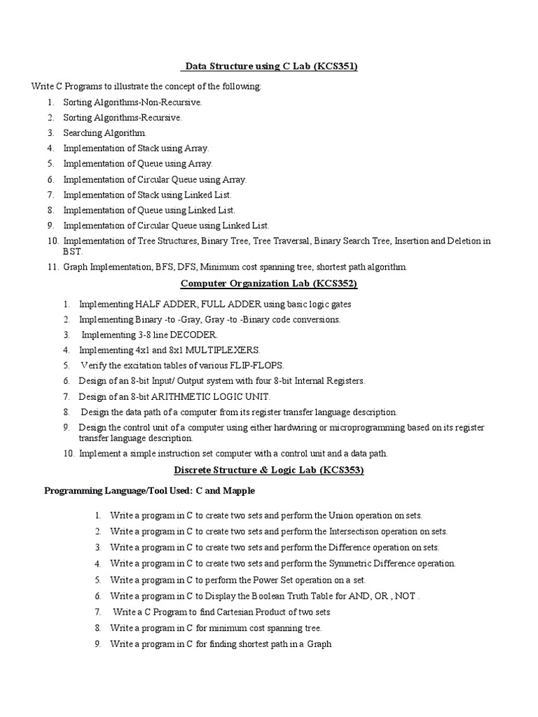 Data Structure Using C Lab (KCS351) : Programming Language/Tool Used: C ...