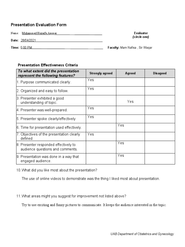 Formal Presentation Evaluation Form | PDF