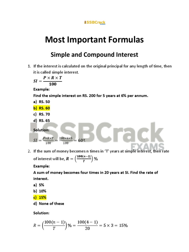 SI and CI Formulas and Tricks | PDF | Compound Interest | Interest