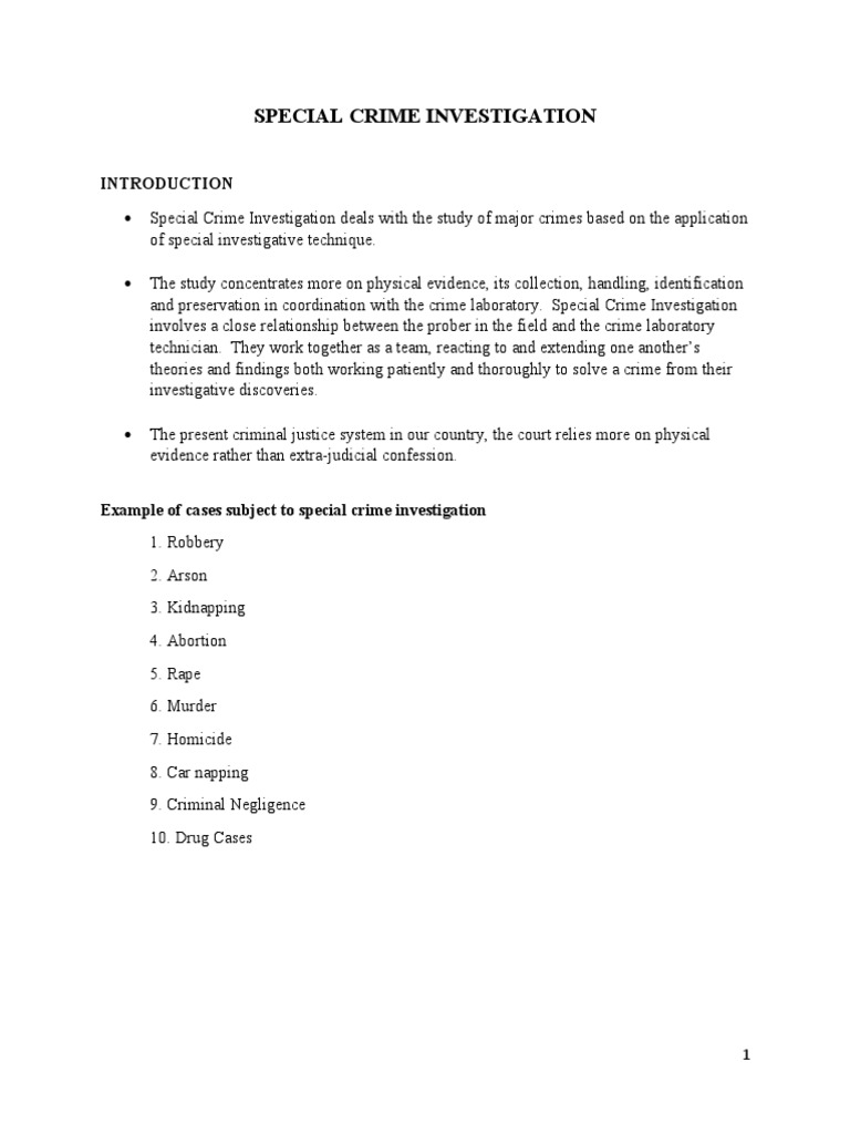 Overview of Special Crime Investigation | PDF | Crime Scene | Evidence