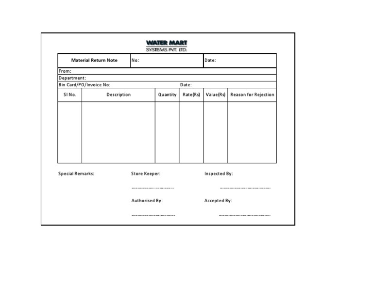 Material Return Note - Department Return of Items to Store with Details ...