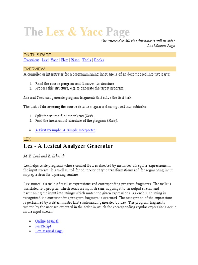 Lex & Yacc: Lex - A Lexical Analyzer Generator | PDF | Software | Computing