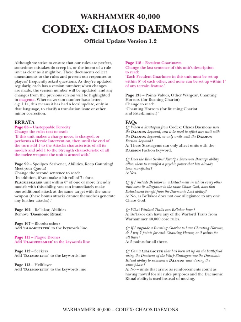 Official Errata and Frequently Asked Questions for Codex: Chaos Daemons | PDF