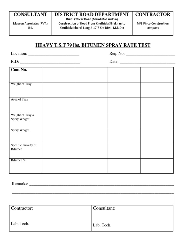 Bitumen Spray Rate Test Sheet | PDF | Home & Garden | Science & Mathematics