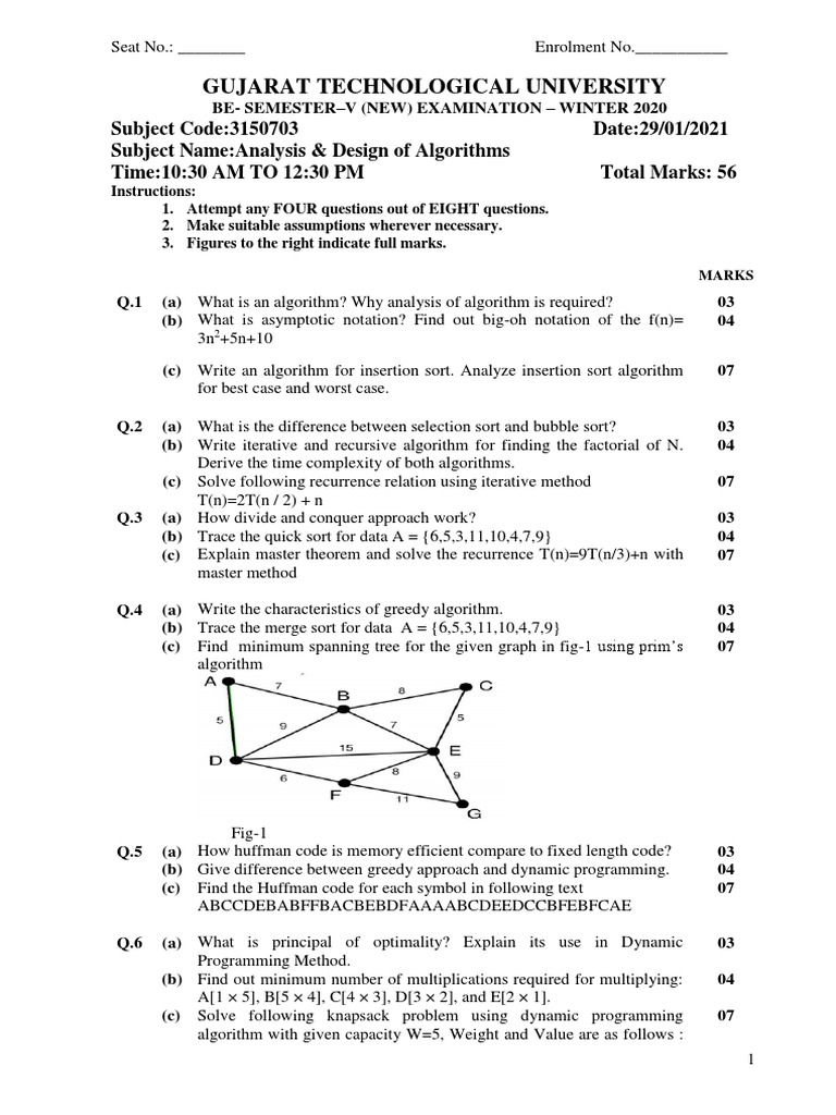 Analysis and Design of Algorithms: Exam Questions Covering Time Complexity, Sorting, Searching ...
