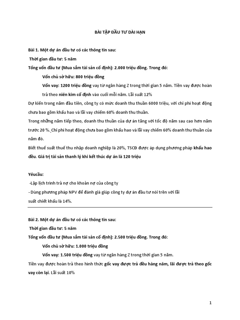 BÀI TẬP ĐẦU TƯ DÀI HẠN (CNTP) | PDF