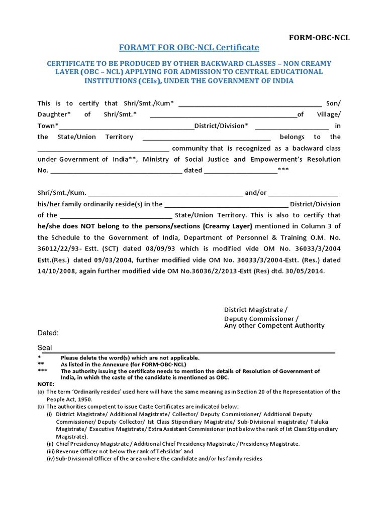 FORAMT FOR OBC-NCL Certificate | PDF | Magistrate | Government