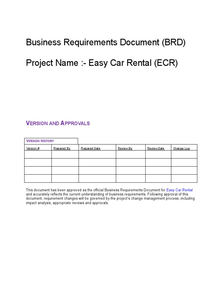 Business Requirements Document (BRD) Project Name:-Easy Car Rental (ECR ...