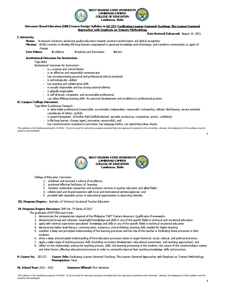 Obe Syllabus Ed 227 | PDF | Learning | Reading Comprehension