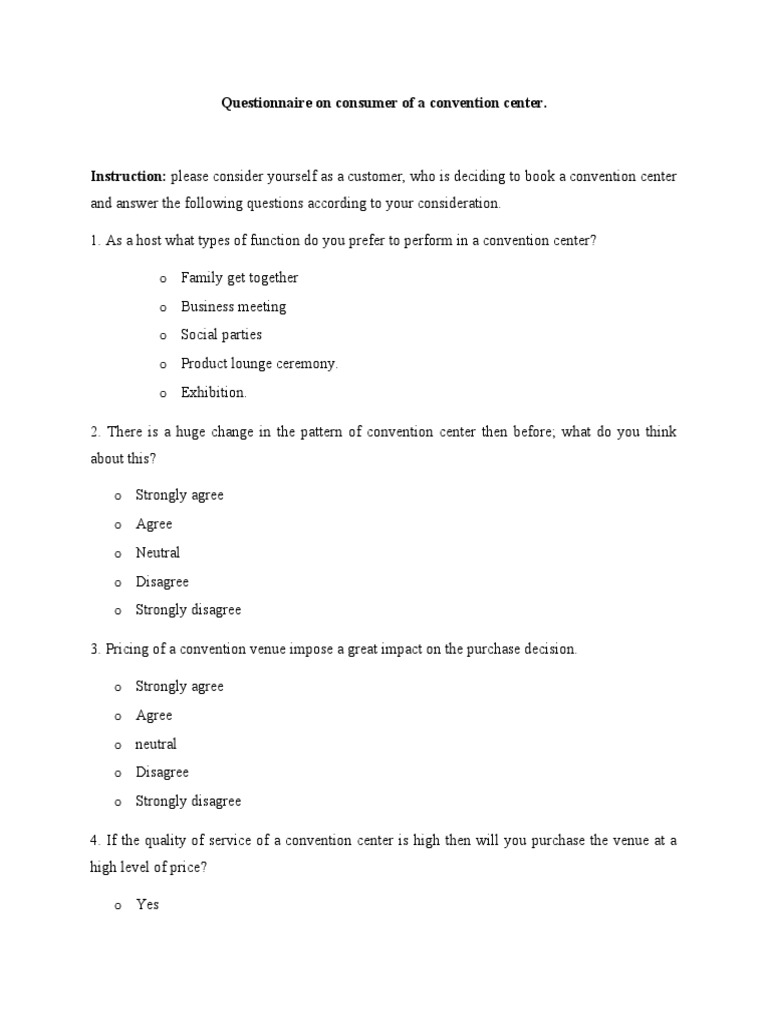 Questionnaire On Consumer of A Convention Center | PDF