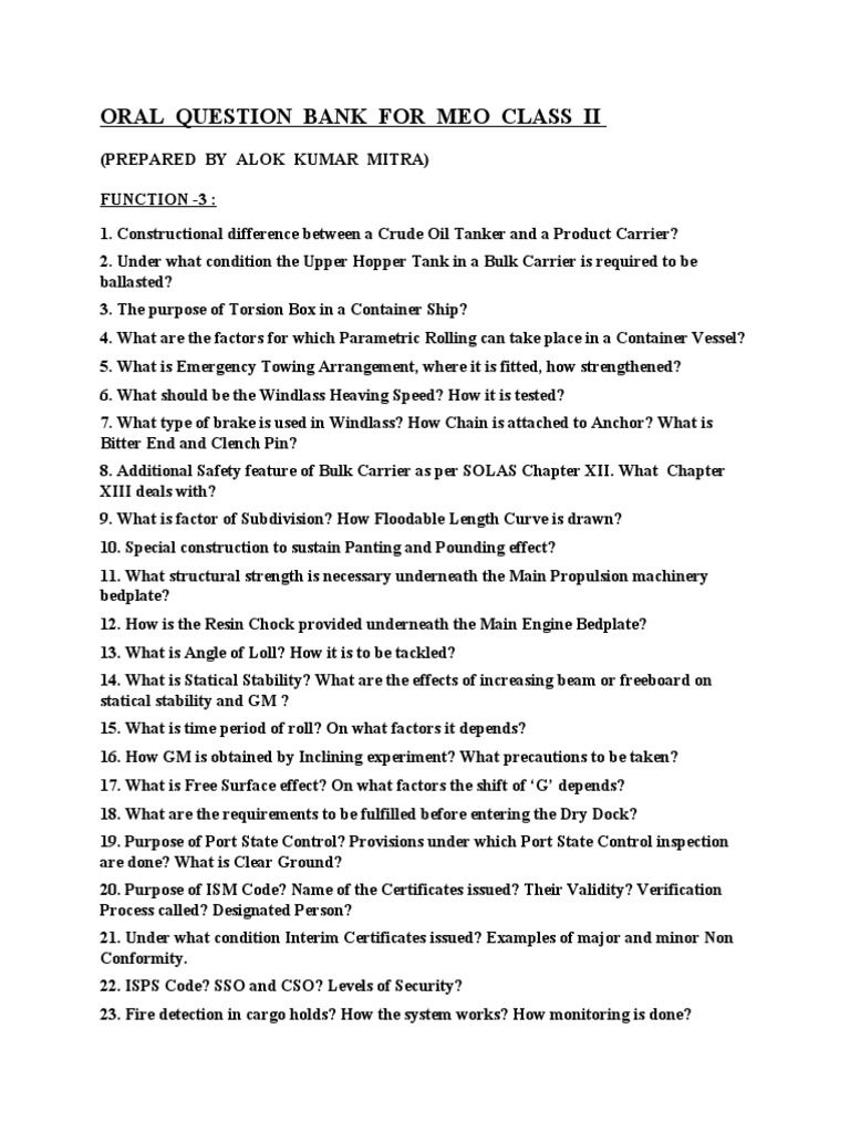 MEO Class II Oral Question Bank | PDF | Electric Motor | Pump