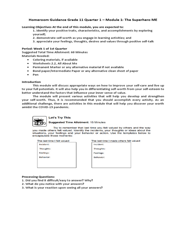 Grade 11 Homeroom Guidance Module 1 | PDF | Self Esteem | Behavioural ...