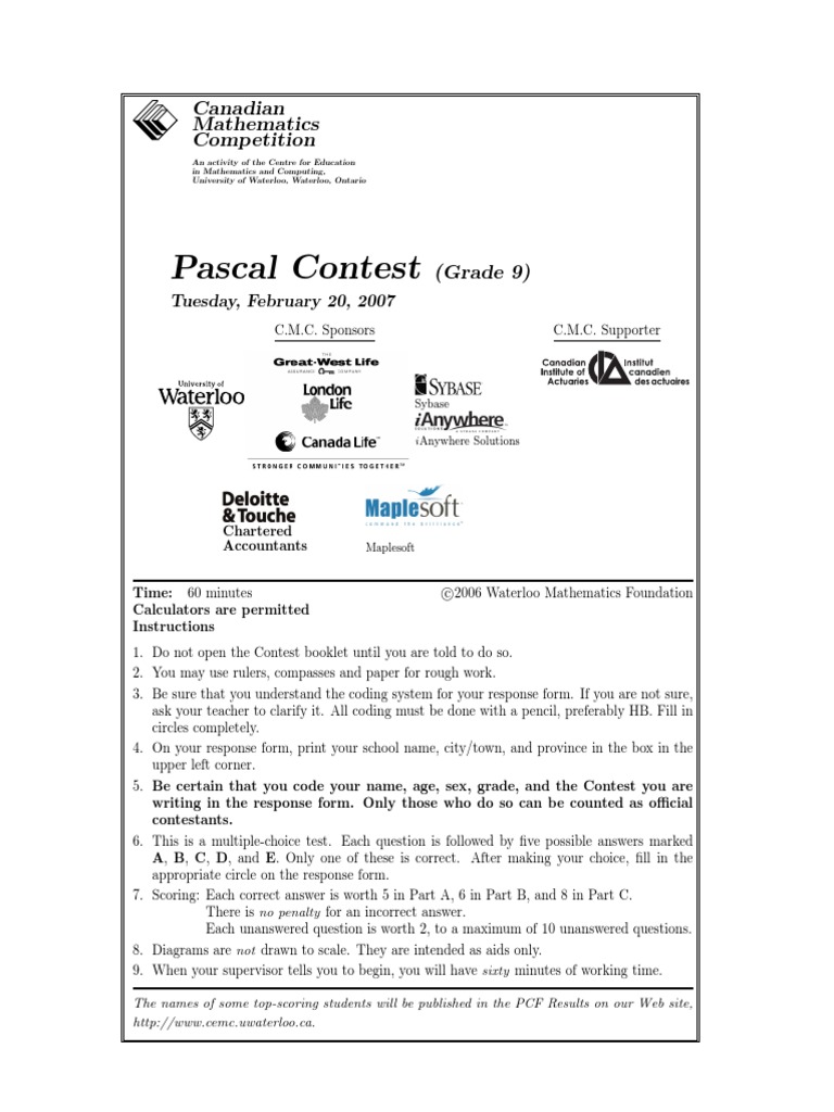 Pascal Contest: Canadian Mathematics Competition | PDF | Numbers ...