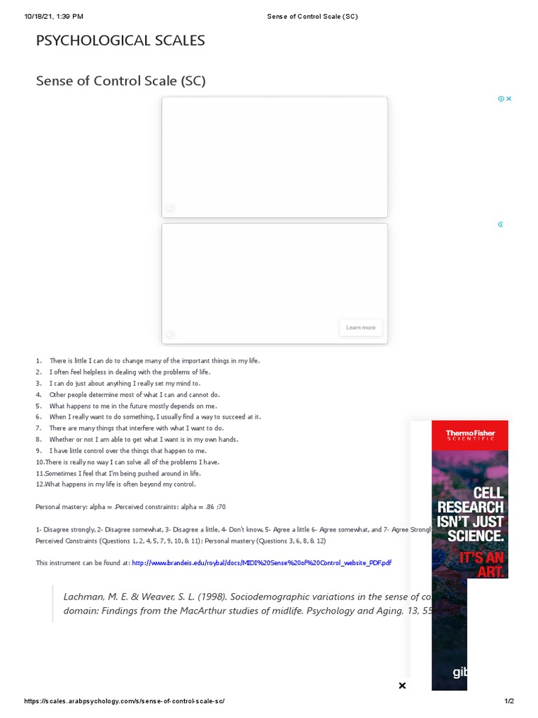 Sense of Control Scale (SC) | PDF | Social Psychology | Applied Psychology