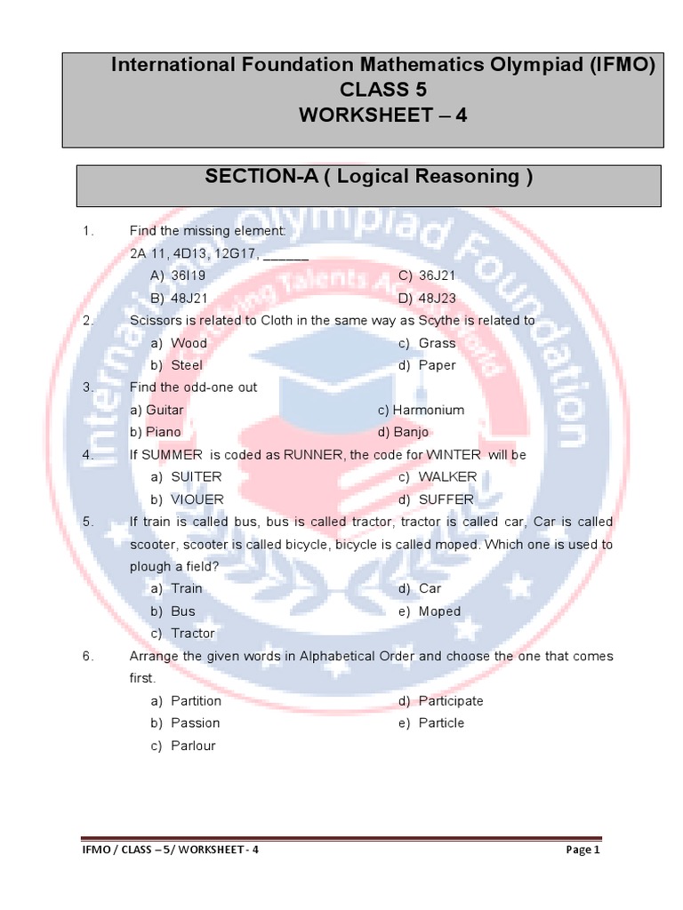 International Foundation Mathematics Olympiad (IFMO) Class 5 Worksheet ...