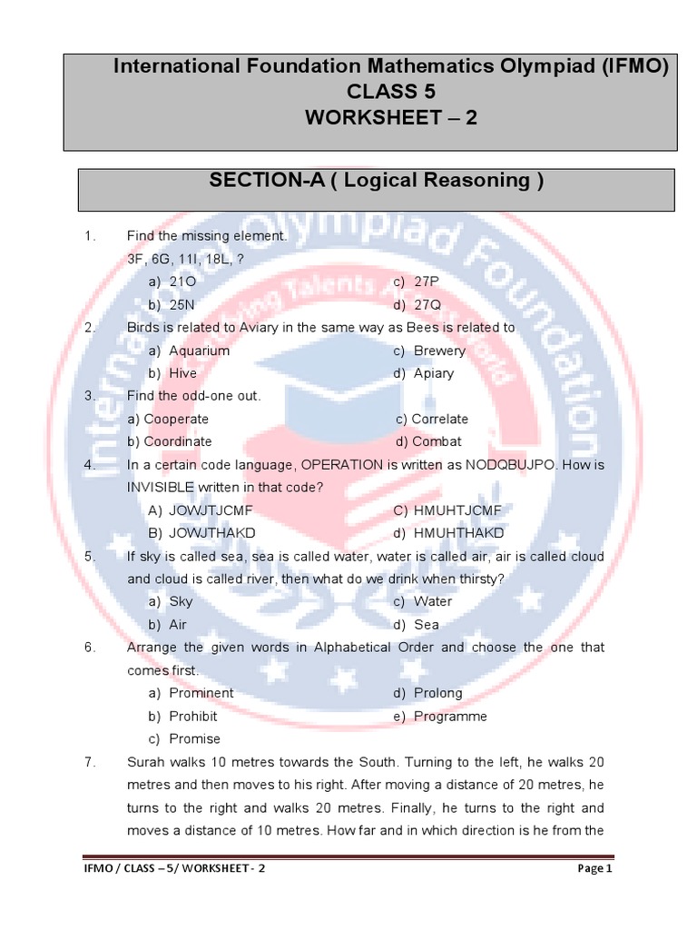 International Foundation Mathematics Olympiad (IFMO) Class 5 Worksheet ...