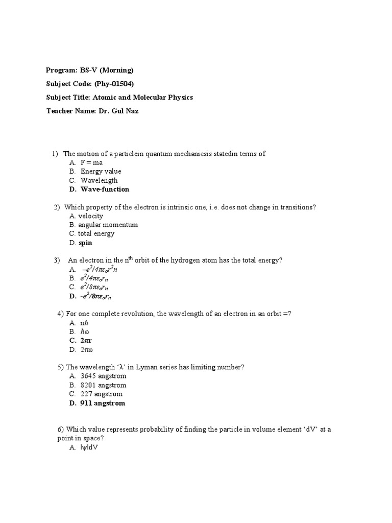 AMP Quiz | PDF | Electron | Emission Spectrum