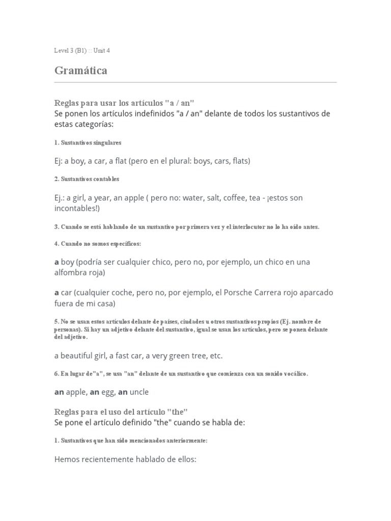 Gramática: Reglas para Usar Los Artículos "A / An" | PDF | Artes del ...