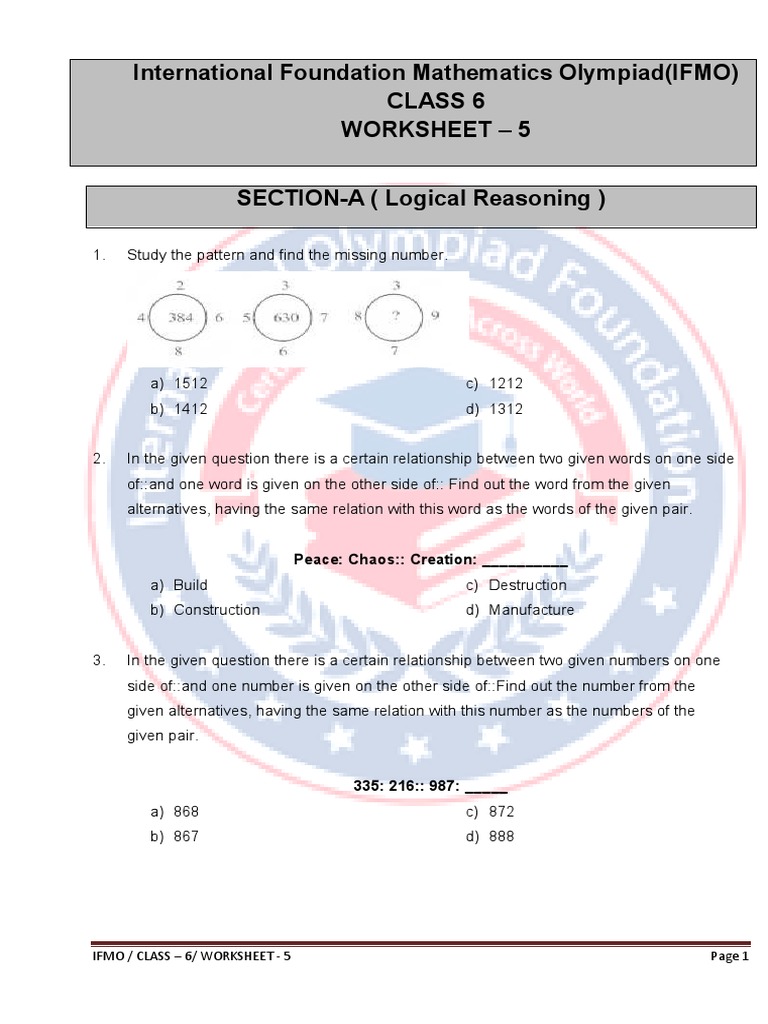 International Foundation Mathematics Olympiad (IFMO) Class 6 Worksheet ...