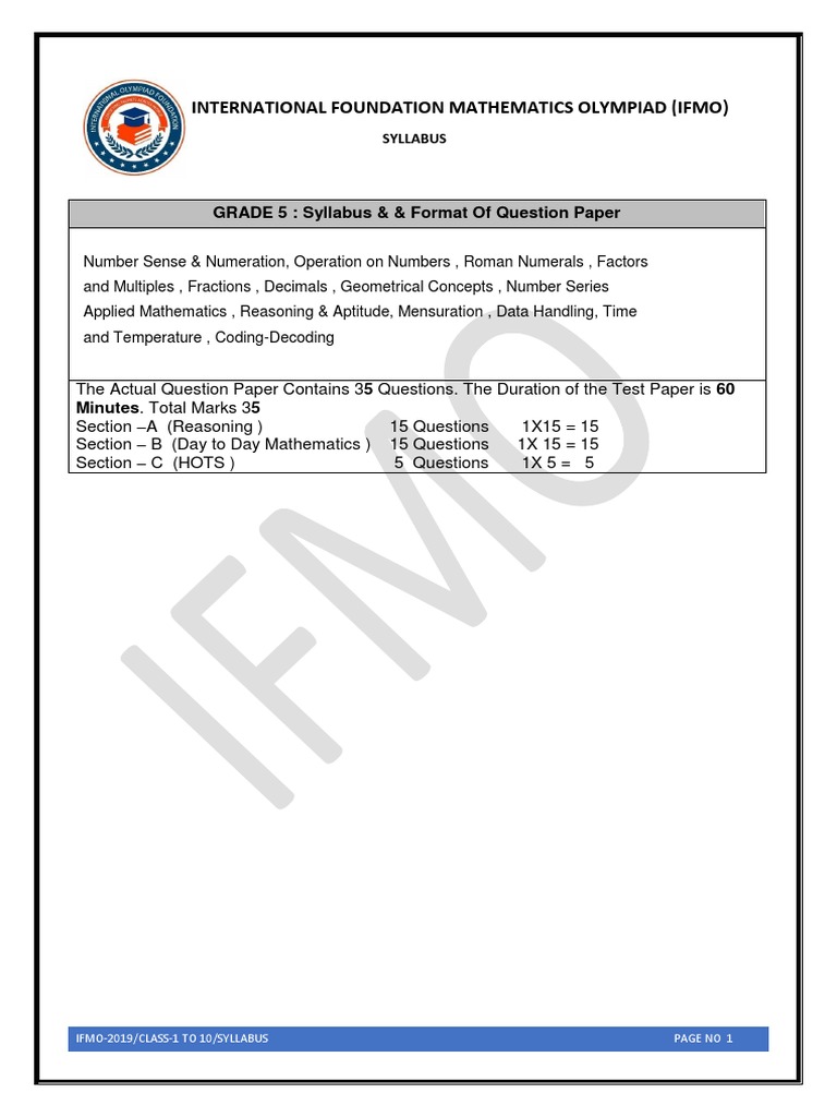 International Foundation Mathematics Olympiad (Ifmo) : GRADE 5 ...