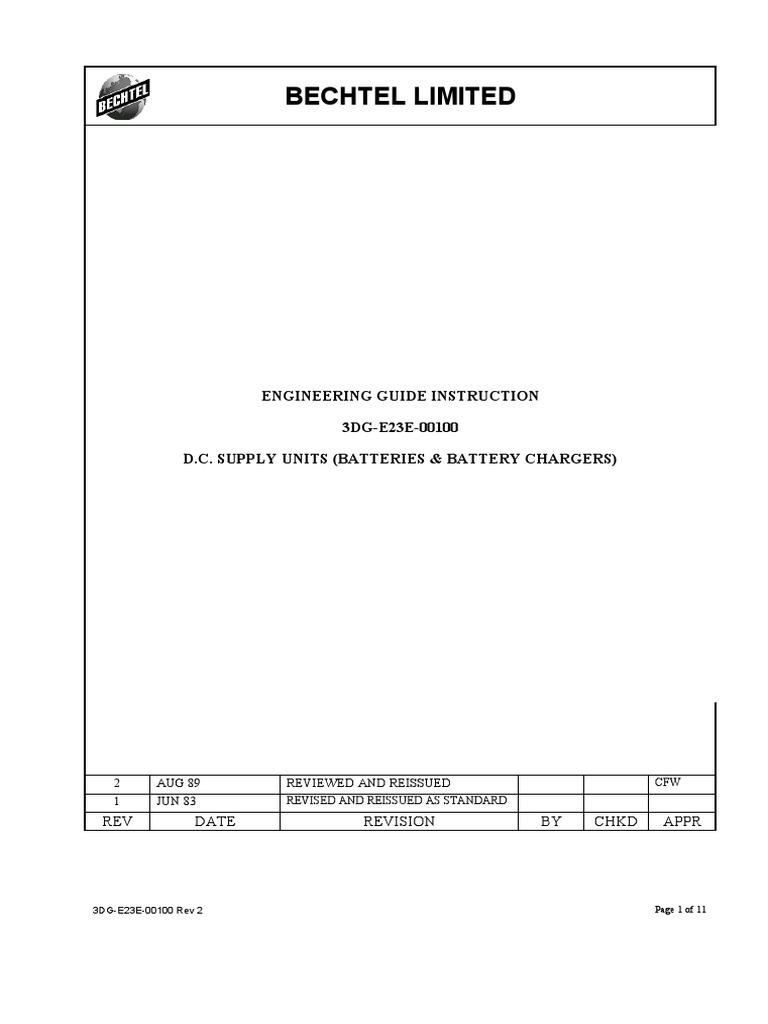 Bechtel Limited: Engineering Guide Instruction 3DG-E23E-00100 D.C. Supply Units (Batteries ...