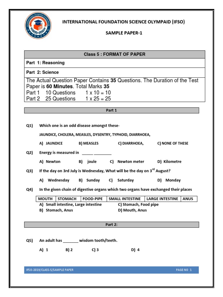 International Foundation Science Olympaid (Ifso) Sample Paper-1 | PDF ...