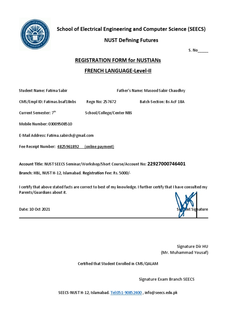 Registration Form French Level-2 For NUSTians | PDF