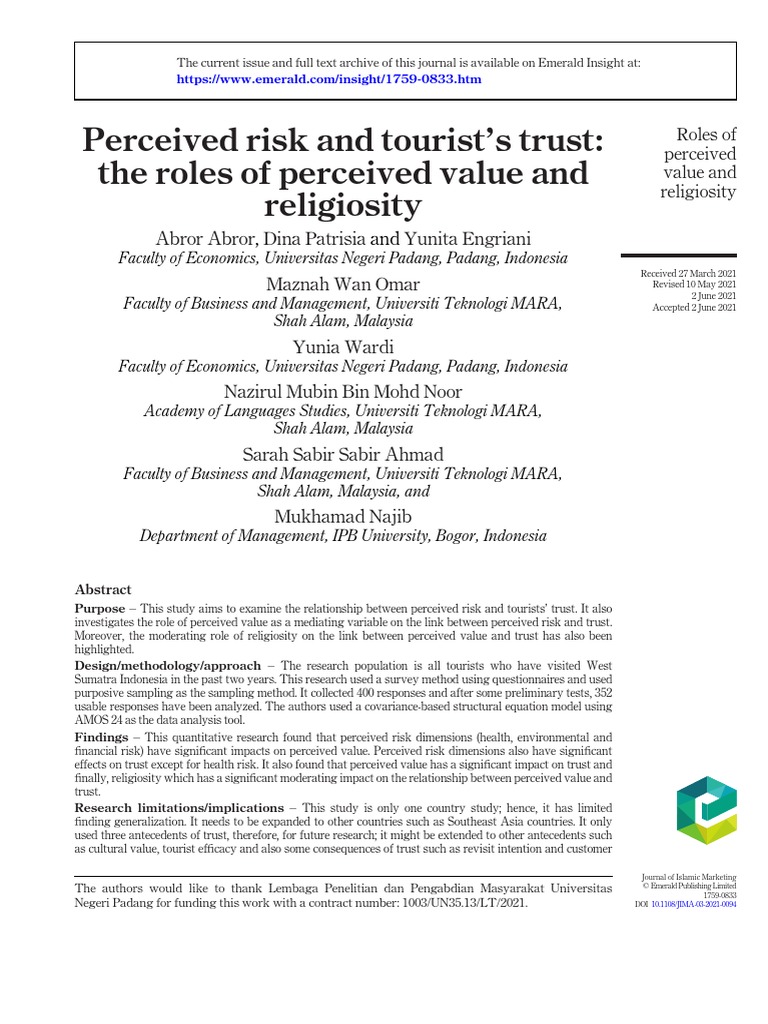 Perceived Risk and Tourist 'S Trust: The Roles of Perceived Value and ...