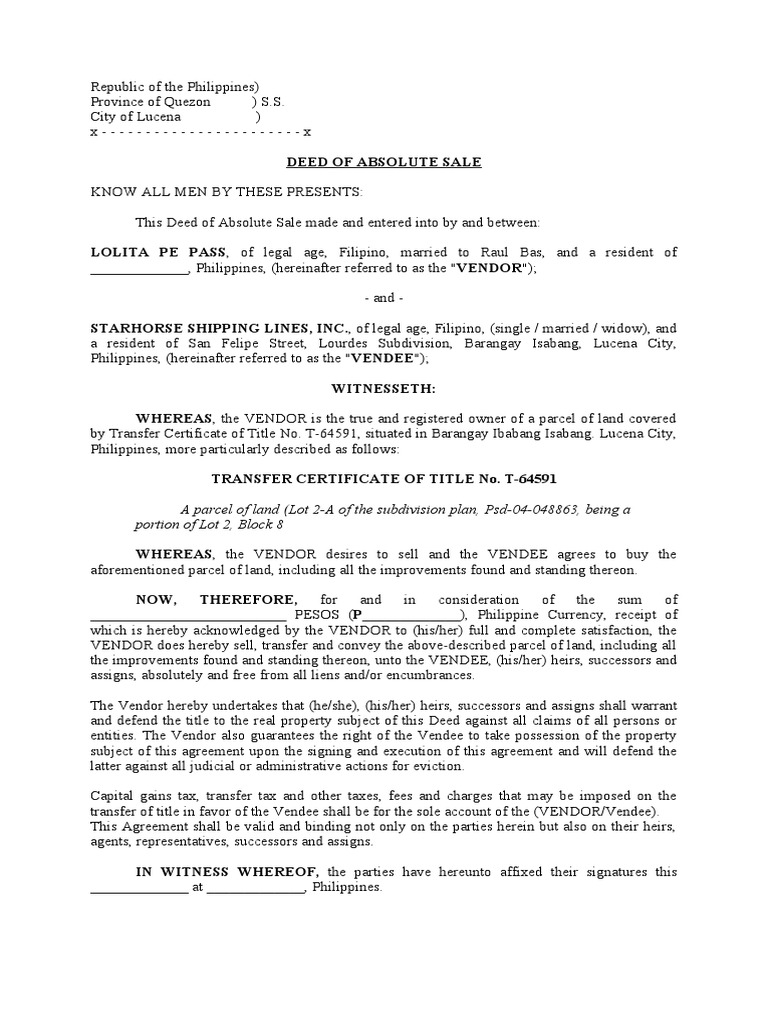 Deed of Absolute Sale of Real Property | PDF | Deed | Land Lot